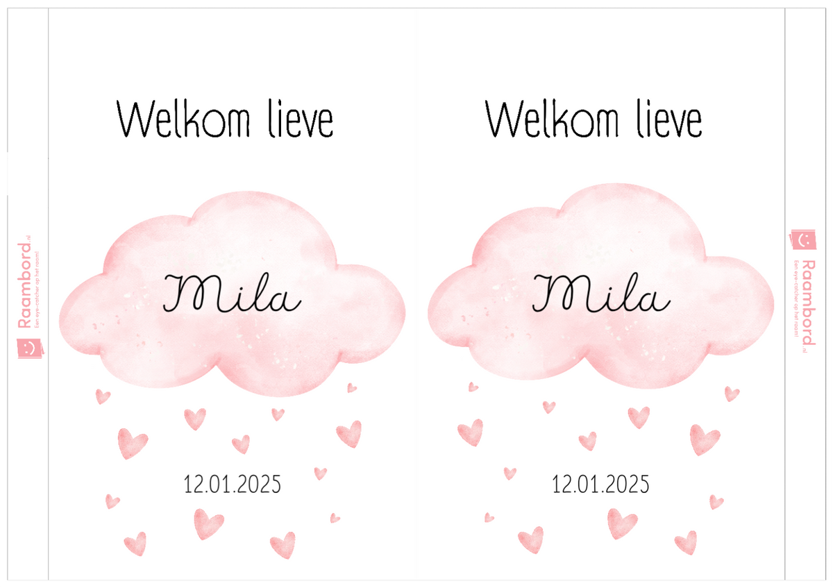 Geboortebord Wolk Roze – Gepersonaliseerd Raambord– Raambord.nl